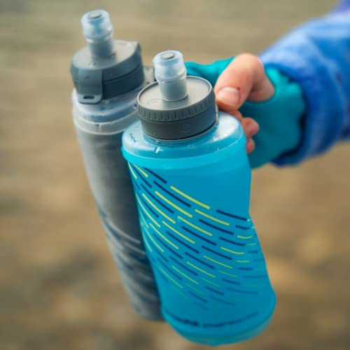 Hydrapak SkyFlask 500ml - Lightweight Collapsible Handheld Running Water Bottle Soft Flask - (500 ml/16 oz) - Adjustable Handstrap, Spill-Proof Cap, Malibu Blue