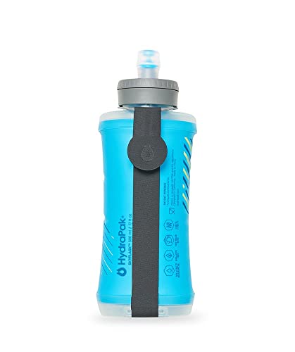 Hydrapak SkyFlask 500ml - Lightweight Collapsible Handheld Running Water Bottle Soft Flask - (500 ml/16 oz) - Adjustable Handstrap, Spill-Proof Cap, Malibu Blue