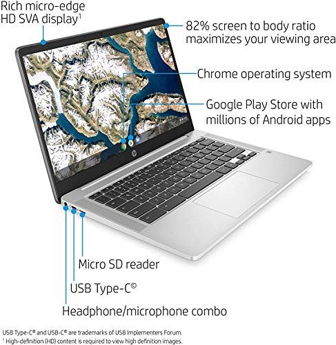 HP 2021 Chromebook 14" HD Student Laptop, Intel Celeron N4000(up to 2.6GHz), 4GB RAM, 32GB eMMC Backlit-KB, Webcam, Fast Charge, WiFi, USB-A&C, BT, Chrome OS, w/Masdrow Accessories