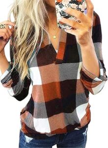 dokotoo women's casual 3/4 sleeve plaid v neck tunic top - 2023 orange