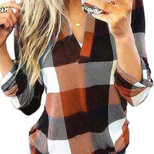 Dokotoo Women's Casual 3/4 Sleeve Plaid V Neck Tunic Top - 2023 Orange