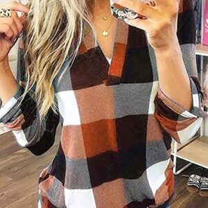 Dokotoo Women's Casual 3/4 Sleeve Plaid V Neck Tunic Top - 2023 Orange