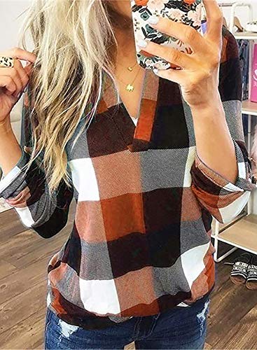 Dokotoo Women's Casual 3/4 Sleeve Plaid V Neck Tunic Top - 2023 Orange