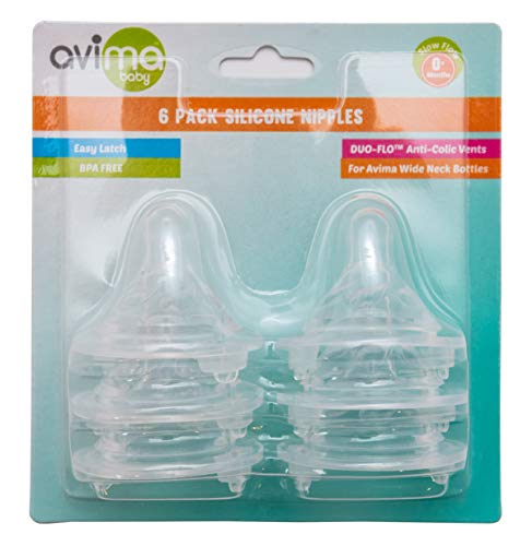 Avima Baby Silicone Nipples for Wide Neck Bottles, Slow Flow 0-6 Months (Set of 6)