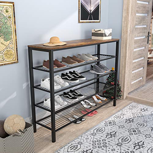 Topfurny Shoe Rack, Industrial Shoe Storage Organizer, Large 5-Tier Metal Shoe Rack Shelves with Wood Board, Entryway Table for Hallway, Living Room, Closet, Bedroom