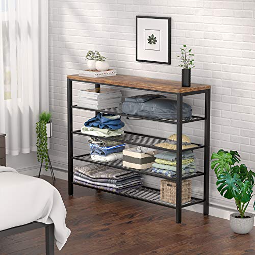 Topfurny Shoe Rack, Industrial Shoe Storage Organizer, Large 5-Tier Metal Shoe Rack Shelves with Wood Board, Entryway Table for Hallway, Living Room, Closet, Bedroom