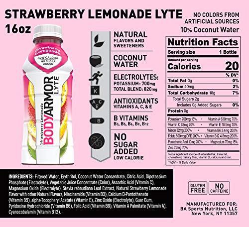 BODYARMOR LYTE Sports Drink Low-Calorie Sports Beverage, Strawberry Lemonade, Natural Flavor With Vitamins, Potassium-Packed Electrolytes, Perfect For Athletes 16 Fl Oz (Pack of 12)