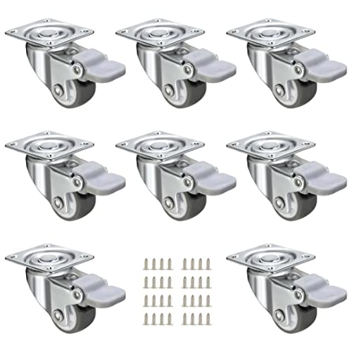 8 Pack 1 inch Low Profile Casters (d=1", h=1-1/2"), Small Wheels for Furniture Locking Casters with Swivel Top Plate (1-1/2"×1-1/4"), Mini Rubber Castor Wheels Protect Wood Floors, with 32pcs Screws