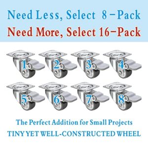 8 Pack 1 inch Low Profile Casters (d=1", h=1-1/2"), Small Wheels for Furniture Locking Casters with Swivel Top Plate (1-1/2"×1-1/4"), Mini Rubber Castor Wheels Protect Wood Floors, with 32pcs Screws