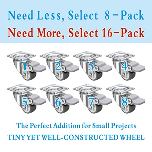 8 Pack 1 inch Low Profile Casters (d=1", h=1-1/2"), Small Wheels for Furniture Locking Casters with Swivel Top Plate (1-1/2"×1-1/4"), Mini Rubber Castor Wheels Protect Wood Floors, with 32pcs Screws