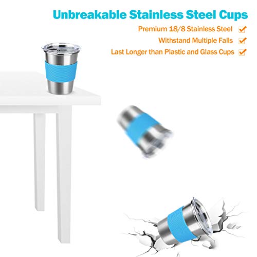 Kids Cups with Straw and Lid Spill Proof,4 Pack 12oz Stainless Steel Drinking Tumbler with Coasters,Unbreakable Water Glasses,BPA-Free Metal Sippy Mug for Toddler,Children,Adult, Indoor,Outdoor