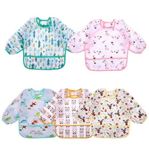 Accmor 5 Pack Long Sleeve Baby Bibs, Waterproof Sleeved Bib, Toddler Soft Bib for 6-24 Months