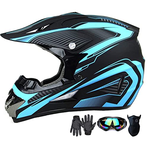 Motocross Helmet,Youth Kids Trend Full Face Helmet,ATV Motorcycle Helmet,Dirt Bike Downhill Off-Road Mountain Bike Helmet,DOT Certified,4-Piece Set (Blue, S)