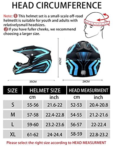 Motocross Helmet,Youth Kids Trend Full Face Helmet,ATV Motorcycle Helmet,Dirt Bike Downhill Off-Road Mountain Bike Helmet,DOT Certified,4-Piece Set (Blue, S)