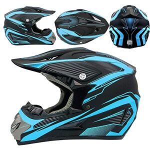 Motocross Helmet,Youth Kids Trend Full Face Helmet,ATV Motorcycle Helmet,Dirt Bike Downhill Off-Road Mountain Bike Helmet,DOT Certified,4-Piece Set (Blue, S)