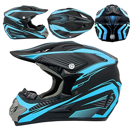 Motocross Helmet,Youth Kids Trend Full Face Helmet,ATV Motorcycle Helmet,Dirt Bike Downhill Off-Road Mountain Bike Helmet,DOT Certified,4-Piece Set (Blue, S)