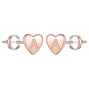 heart initial stud earrings for girls, s925 sterling silver rose gold plated dainty girls earrings hypoallergenic letter a initial earrings for women girls earrings for girls