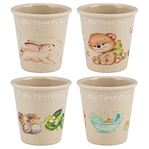 bamboo cups for kids - set of 4-4 oz bamboo cups with adorable childrens art - kids cups for drinking - bathroom cups, toddler smoothie cup - eco friendly shatter proof bpa free open child cup