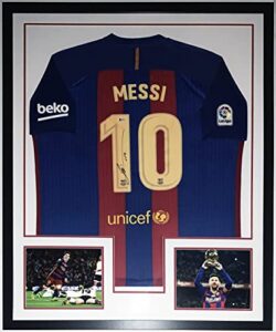 lionel messi signed authentic nike barcelona jersey - bas beckett authentication services coa - professionally framed 34x42 & ballon d'or 500th goal 8x10 photo