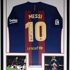 Lionel Messi Signed Authentic Nike Barcelona Jersey - BAS Beckett Authentication Services COA - Professionally Framed 34x42 & Ballon D'Or 500th Goal 8x10 Photo