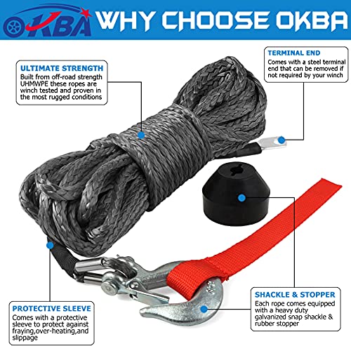 OKBA Synthetic Winch Rope Cable Kit 1/4" x 50' - 9500LBS Winch Line Rope Replacement with Protective Sleeve + Rope Winch Hook + Rubber Stopper for 4x4 Off Road Vehicle ATV UTV Polaris UTV