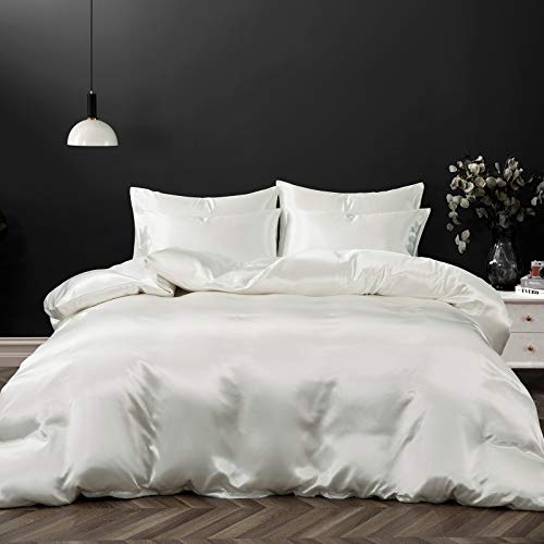 P Pothuiny 5 Pieces Satin Duvet Cover King Size Set, Luxury Silky Like Ivory White Duvet Cover Bedding Set with Zipper Closure, 1 Duvet Cover + 4 Pillow Cases (No Comforter)