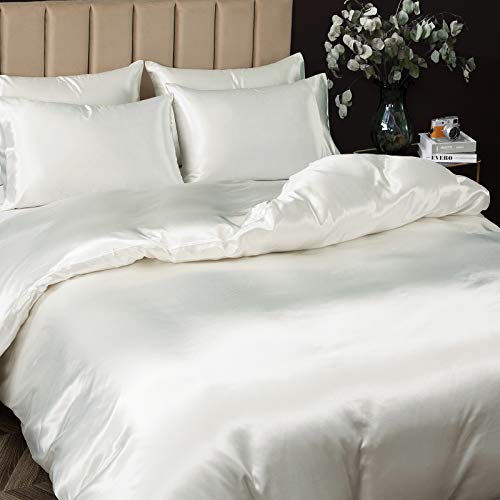 P Pothuiny 5 Pieces Satin Duvet Cover King Size Set, Luxury Silky Like Ivory White Duvet Cover Bedding Set with Zipper Closure, 1 Duvet Cover + 4 Pillow Cases (No Comforter)