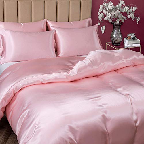 P Pothuiny 5 Pieces Satin Duvet Cover Full/Queen Size Set, Luxury Silky Like Blush Pink Duvet Cover Bedding Set with Zipper Closure, 1 Duvet Cover + 4 Pillow Cases (No Comforter)