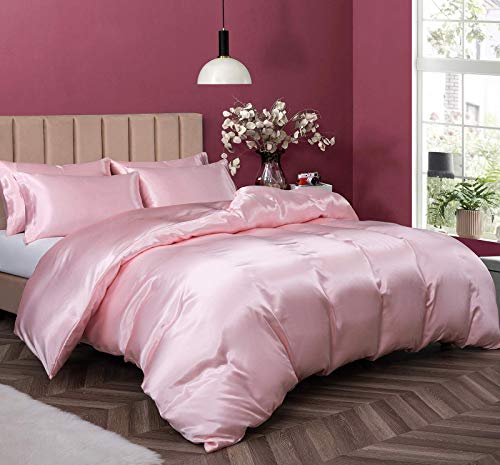 P Pothuiny 5 Pieces Satin Duvet Cover Full/Queen Size Set, Luxury Silky Like Blush Pink Duvet Cover Bedding Set with Zipper Closure, 1 Duvet Cover + 4 Pillow Cases (No Comforter)