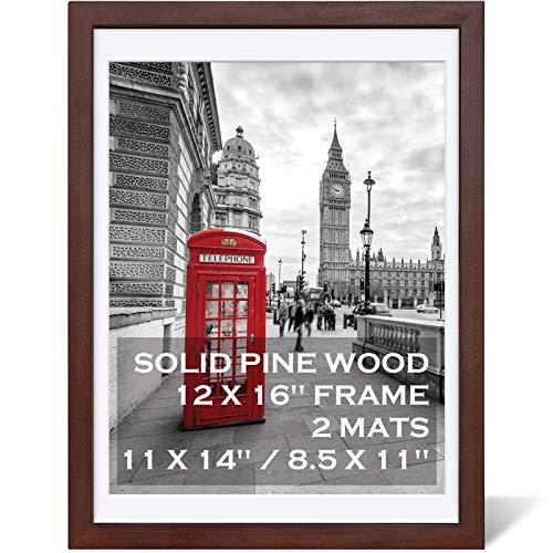 12x16 Picture Frames Dark Cherry Made of Solid Wood Display Pictures 11X14 Inch or 8.5x11 with Mat or 12x16 Inch without Mat for Wall Mounting and TableTop - Picture Frame 11X14 with 2 Mats - 1 Pack