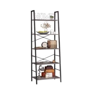 Yusong Bookshelf, Ladder Shelf 5-Tier Bookcase for Bedroom, Industrial Book Shelves Storage Rack with Metal Frame for Home Office, Gray