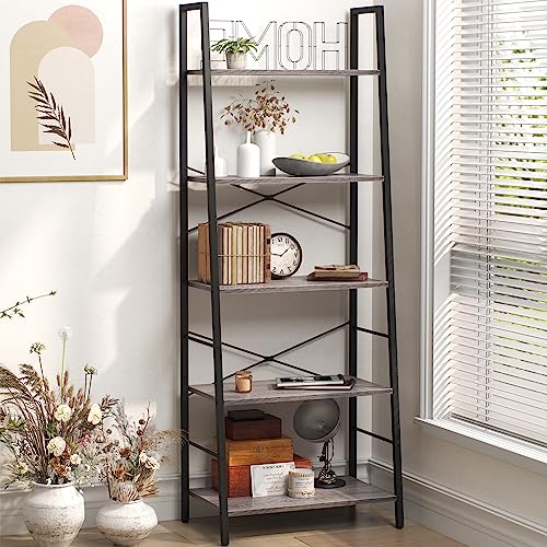 Yusong Bookshelf, Ladder Shelf 5-Tier Bookcase for Bedroom, Industrial Book Shelves Storage Rack with Metal Frame for Home Office, Gray