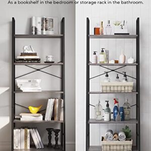 Yusong Bookshelf, Ladder Shelf 5-Tier Bookcase for Bedroom, Industrial Book Shelves Storage Rack with Metal Frame for Home Office, Gray