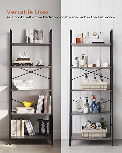 Yusong Bookshelf, Ladder Shelf 5-Tier Bookcase for Bedroom, Industrial Book Shelves Storage Rack with Metal Frame for Home Office, Gray