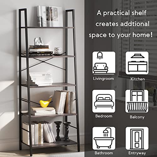 Yusong Bookshelf, Ladder Shelf 5-Tier Bookcase for Bedroom, Industrial Book Shelves Storage Rack with Metal Frame for Home Office, Gray