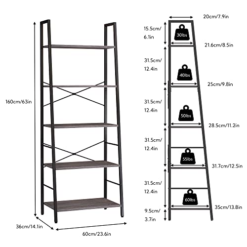 Yusong Bookshelf, Ladder Shelf 5-Tier Bookcase for Bedroom, Industrial Book Shelves Storage Rack with Metal Frame for Home Office, Gray