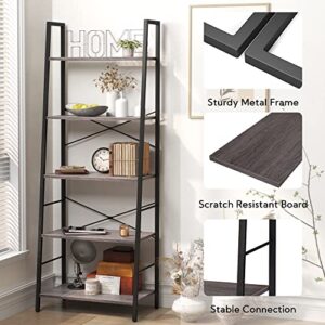 Yusong Bookshelf, Ladder Shelf 5-Tier Bookcase for Bedroom, Industrial Book Shelves Storage Rack with Metal Frame for Home Office, Gray