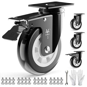 heavy duty plate caster wheels 5" pu no noise,premium polyurethane double ball bearing steels,easily lock or unlock -440 lbs per casters (pack of 4, 2 swivel dual locking & 2 swivel) black wheel