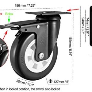 Heavy Duty Plate Caster Wheels 5" PU No Noise,Premium Polyurethane Double Ball Bearing Steels,Easily Lock or Unlock -440 Lbs Per Casters (Pack of 4, 2 Swivel Dual Locking & 2 Swivel) Black Wheel