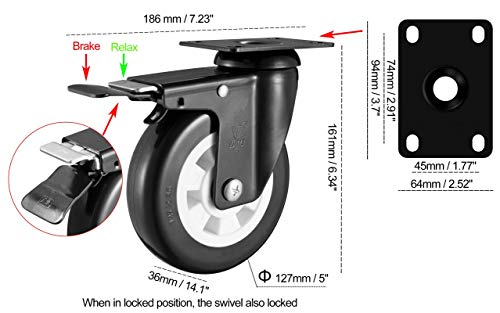 Heavy Duty Plate Caster Wheels 5" PU No Noise,Premium Polyurethane Double Ball Bearing Steels,Easily Lock or Unlock -440 Lbs Per Casters (Pack of 4, 2 Swivel Dual Locking & 2 Swivel) Black Wheel