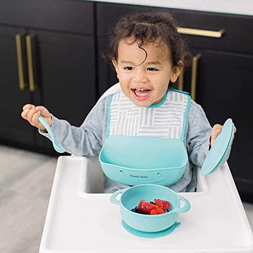 Bazzle Baby Silicone Bib for Baby with Food Catcher - Waterproof Roll Up and Button Feeding Bib for Toddler Eating 2-Pk