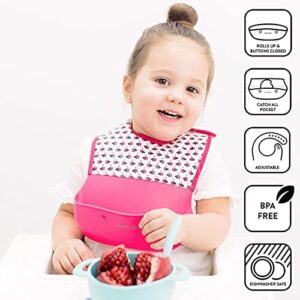 Bazzle Baby Silicone Bib for Baby with Food Catcher - Waterproof Roll Up and Button Feeding Bib for Toddler Eating 2-Pk