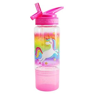 home tune 18oz kids water drinking sip bottle - tritan bpa free, flip straw lid, easy open, lightweight, snack compartment, leak-proof water bottle with cute design for girls & boys - unicorn