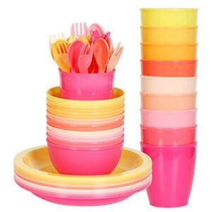 youngever 54 pcs plastic kids dinnerware set of 9 in 9 peach colors, toddler dining set, cups, kids plates, kids bowls, flatware set, kids dishes set