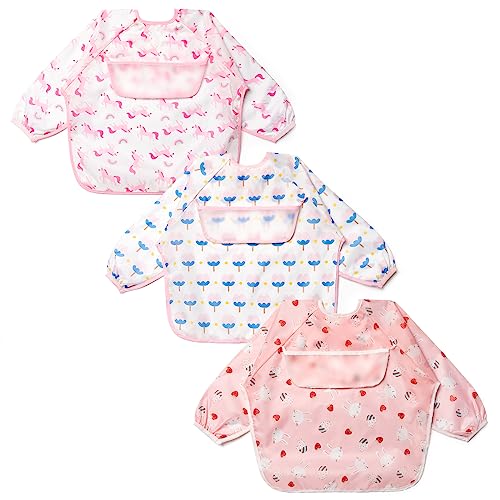 3 Pcs Long Sleeved Bib Set | Baby Waterproof Bibs with Pocket Bundle | Toddler Bib with Sleeves and Crumb Catcher | Stain and Odor Resistance Play Smock Apron - Pack of 3 | 6-24 Months