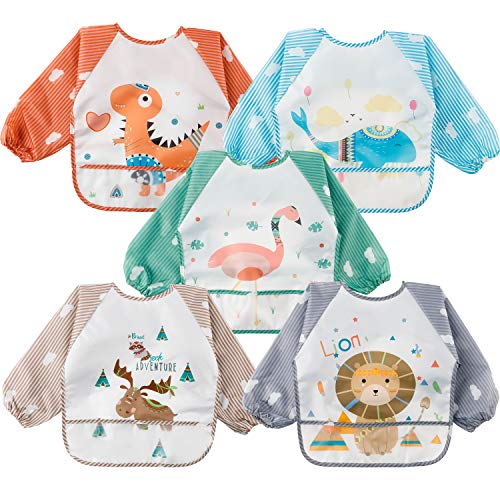 R HORSE 5Pcs Long Sleeved Bib for Babies Toddlers Waterproof Sleeved Bib with Great Capacity Pocket Gift for Baby 6-36 months