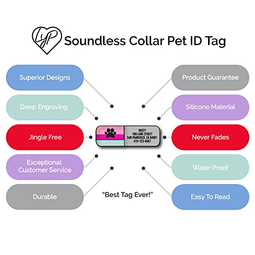 LYP Soundless Slide-On Collar Dog ID Tag - Designer Deep Engraved Silicone – Engraving Will Last - Pet ID Tags, Dog Tags, Cat Tags (Paw - Hot Pink, Medium)