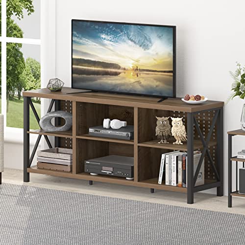 LVB Rustic Entertainment Center for 65 Inch TV, Industrial Wood and Metal TV Stand with Storage Shelf, Modern Television Media Console Table with Cabinet for Living Room Bedroom, Rustic Oak, 55 Inch