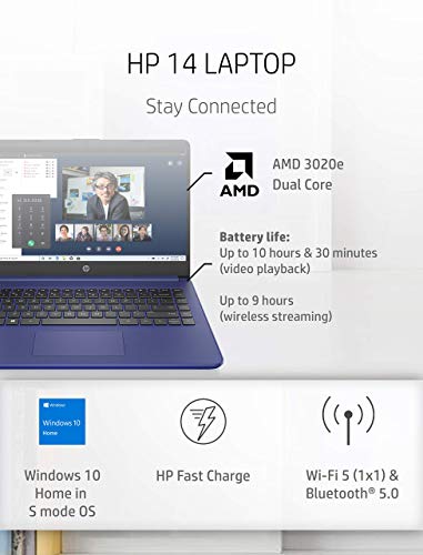 HP 14 Laptop, AMD 3020e Processor, 4 GB RAM, 64 GB eMMC Storage, 14-inch HD Display, Windows 10 Home in S Mode, Long Battery Life (14-fq0010nr, 2020) (Renewed)