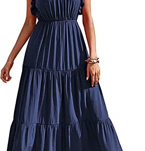 PRETTYGARDEN Women's Summer Bohemian Sleeveless Maxi Dress Square Neck Ruffle Flowy Long Sun Dress Wedding Guest Dress 2023 (Solid Navy, Medium)